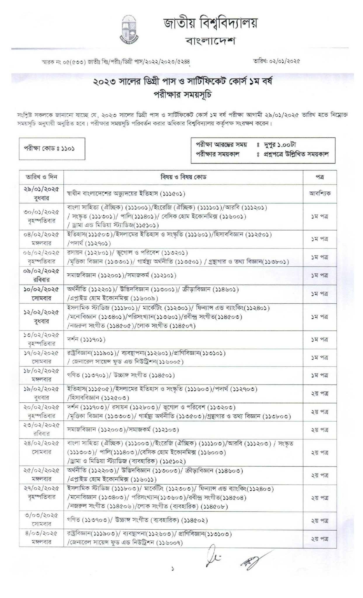 ডিগ্রি ১ম বর্ষের পরীক্ষার রুটিন ২০২৫।Degree 1st Year Exam Routine ...