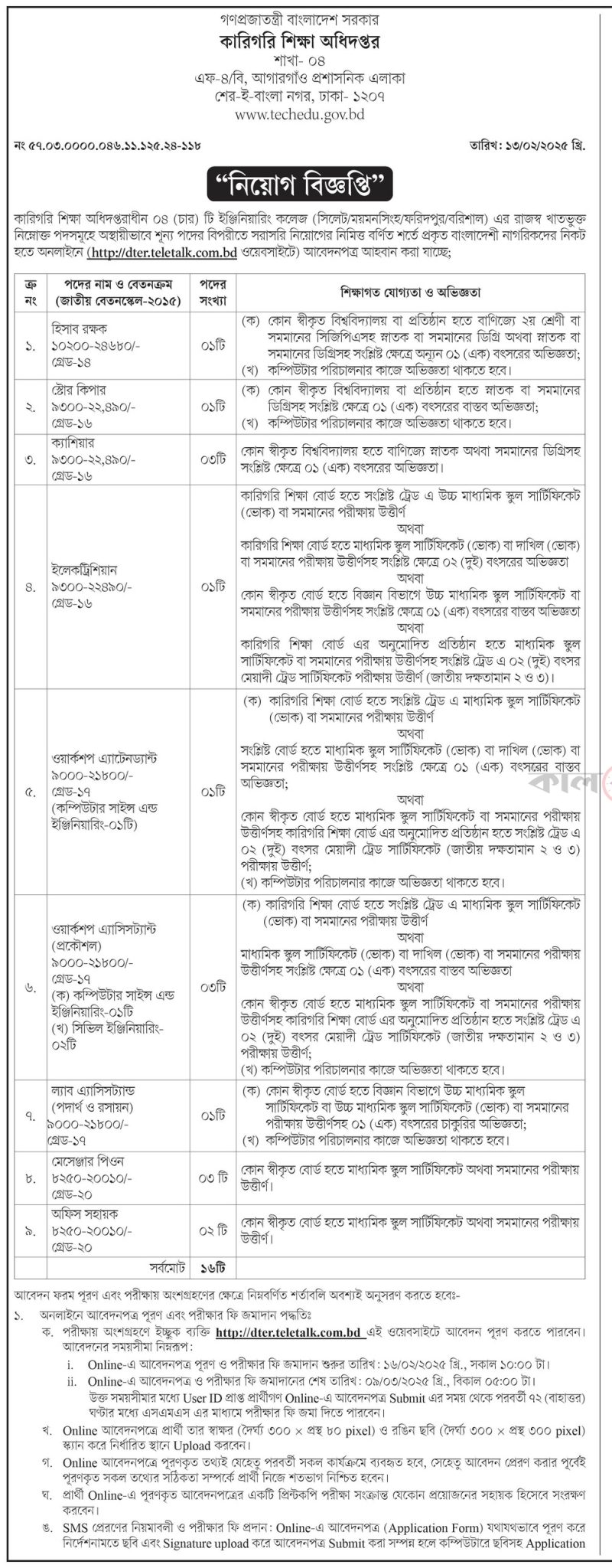 কারিগরি শিক্ষা অধিদপ্তর নিয়োগ বিজ্ঞপ্তি ২০২৫ | Daily Shikkha